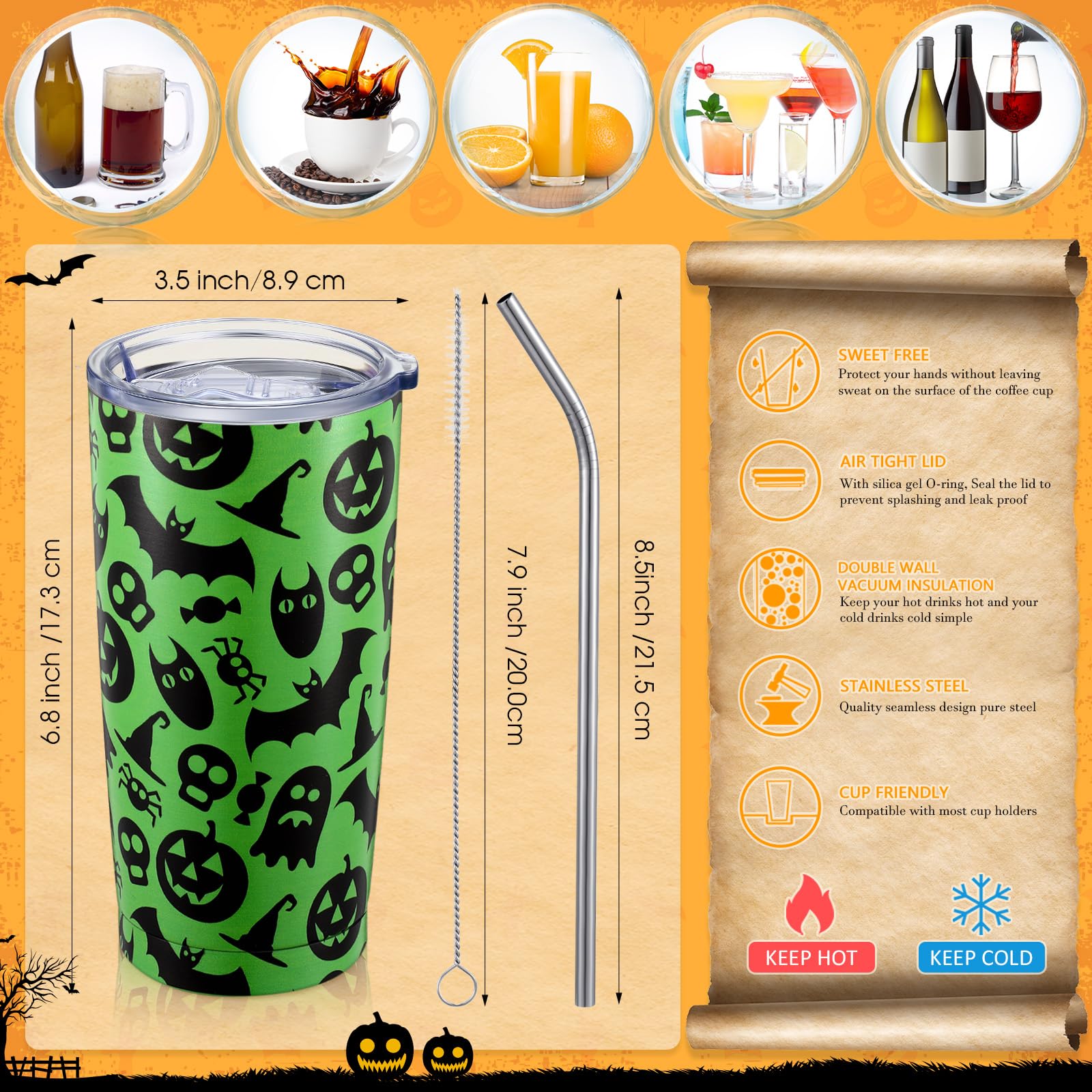 Jingmore 8 Pcs Halloween Themed Gifts For Women Include 4 Halloween Tumbler with Lid and Straw and 4 Ghost Pumpkin Cosmetic Bags,Halloween Coffee Mug Cup with Makeup Bag for Trick or Treat Party Gifts