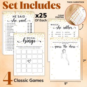 STOFINITY Fun Bridal Shower Games for 25 Guests - Set of 4 Wedding Shower Games for Reception, Gold Bridal Shower Bingo Game, He Said She Said Wedding Games Ideas for Bridal Party Decorations (5x7)