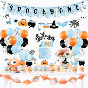 Blue Halloween First Birthday Decor, Boys Halloween Spooky One Banner Blue Cute Ghost Cake Topper Balloons for Halloween Theme 1st Birthday Party The Spooky One Little Boo Happy Boo Day Party Supplies