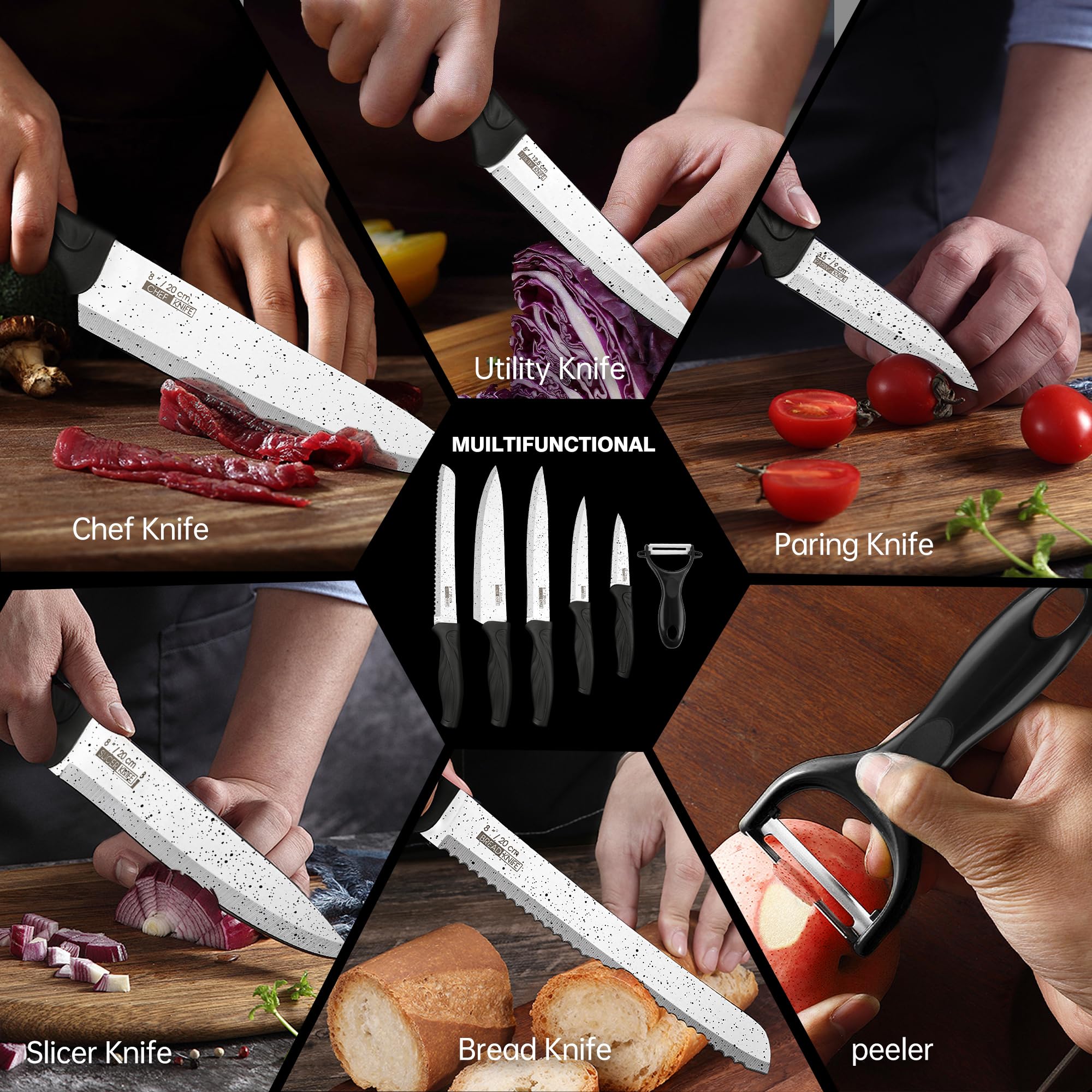 Tieplis 6PCS Kitchen Knife Set, Stainless Steel Sharp Blade with Nonstick Ceramic Coating, Cooking Cutting Knives Set, Ink Splatter Dot Pattern, PP Anti-Slip Handle, Rust Proof, Dishwasher Safe