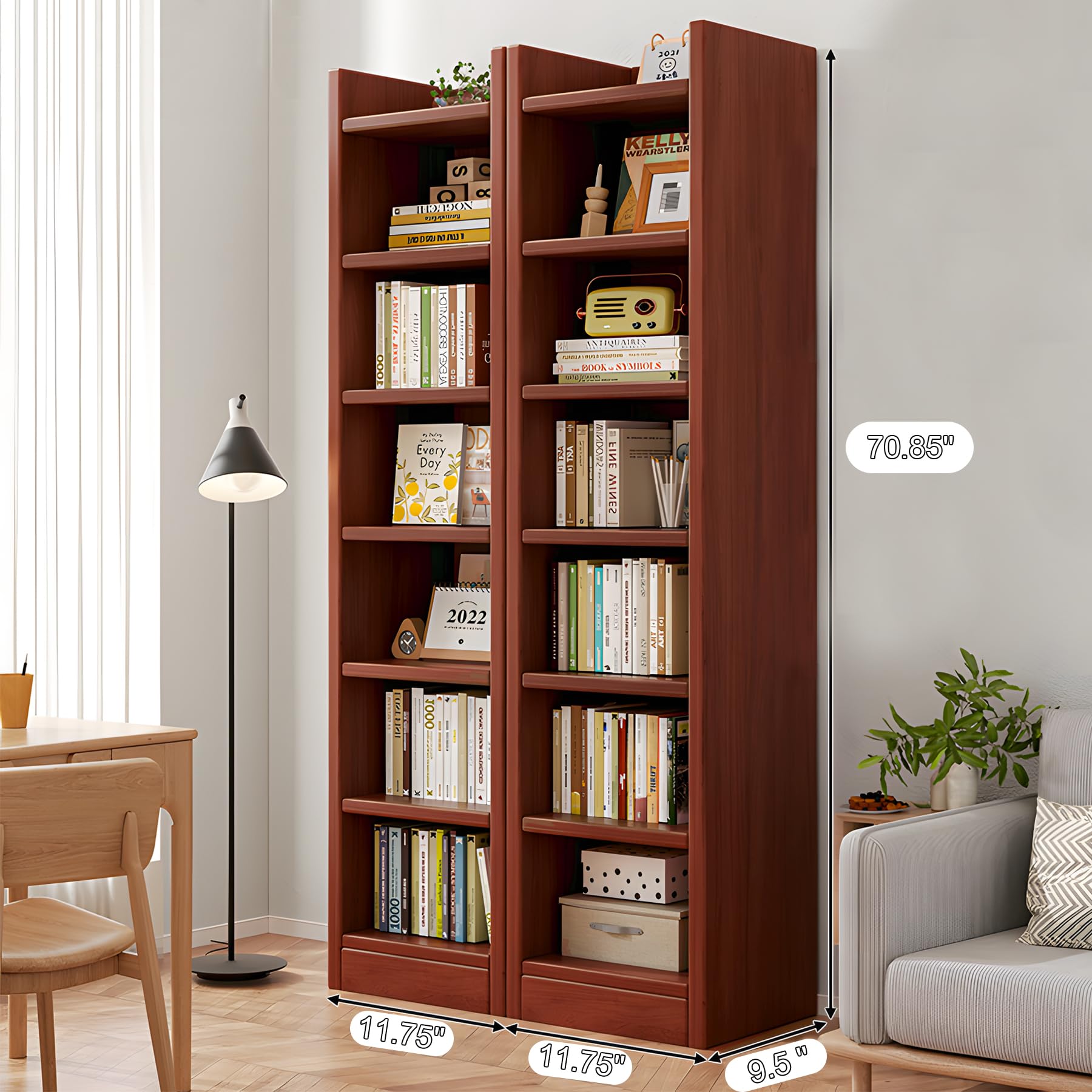 6-Tier Open Shelf Bookcase, 71'' Brown Corner Bookcase with Storage,Open Display Cabinet with Back Panel, Tall Narrow Bookcase for Home Office Classroom