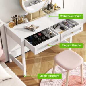 LTMEUTY White Desk with Drawers for Bedroom, 40 Inch Small Computer Desk with Storage, Modern Vanity Desk for Small Spaces, Rattan Study Writing Table for Home Office