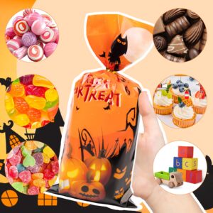 100 Pcs Halloween Cellphane Candy Bags Halloween Plastic Clear Treat Bags Plastic Trick or Treat Bags for Candy Cookie Goodies for Halloween Party Supplies Halloween Candy bags