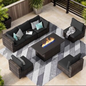 gaildon patio furniture set, 7 pcs outdoor sectional patio furniture set with 42" fire pit table, all-weather rattan wicker sofa couch for garden backyard deck poolside, black