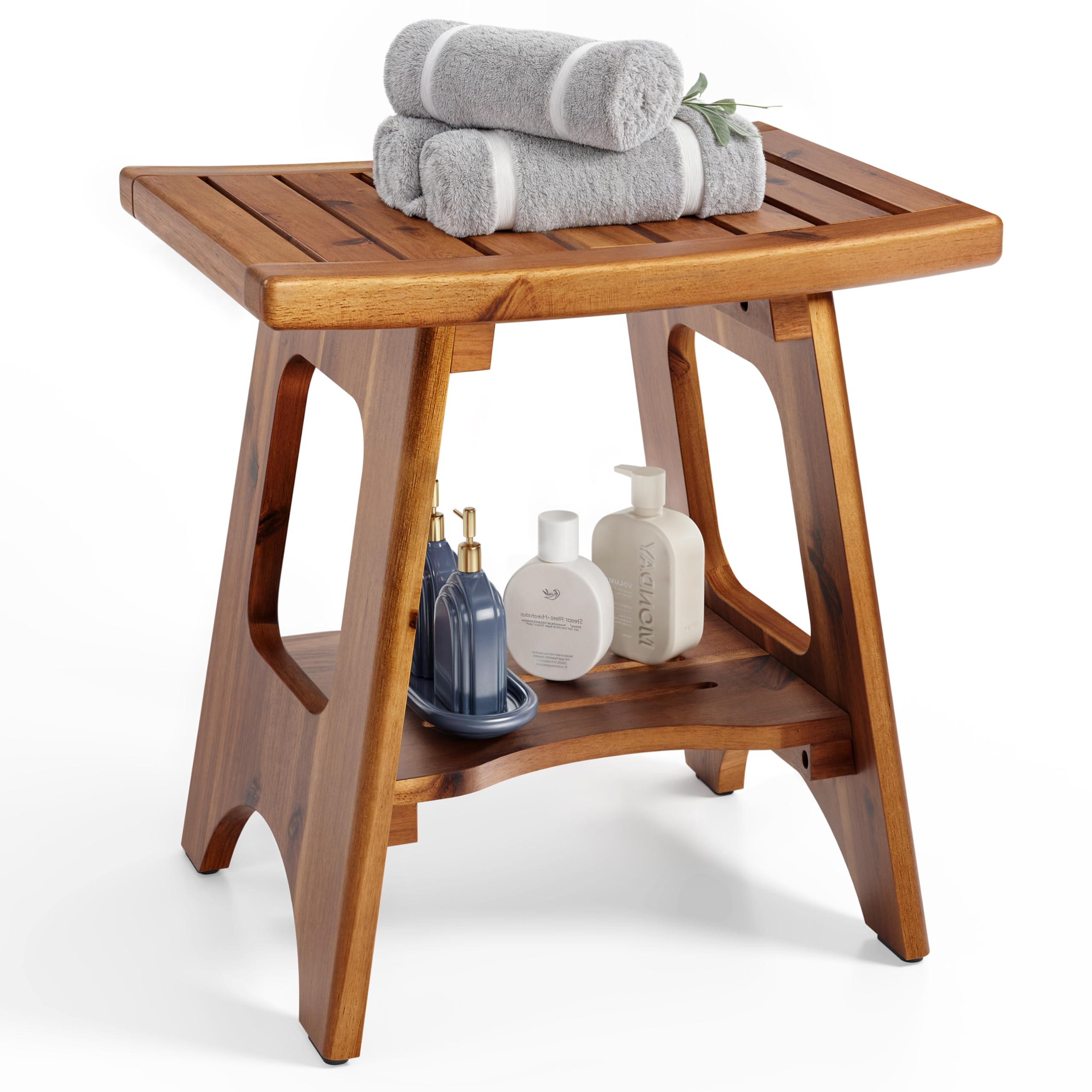 HOLANA 18" Acacia Shower Bench for Inside Shower - Wooden Shower Stool Benches Waterproof for Shaving Legs - Bench Seat with Storage Towel Shelf for Bathroom - Tub Bench Chair Spa Bath (Acacia Wood)