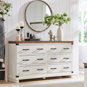 farmhouse 6 drawers dresser for bedroom, wood large chest of drawers with thick plank styling, rustic closet dresser for bedroom or living room, antique white color