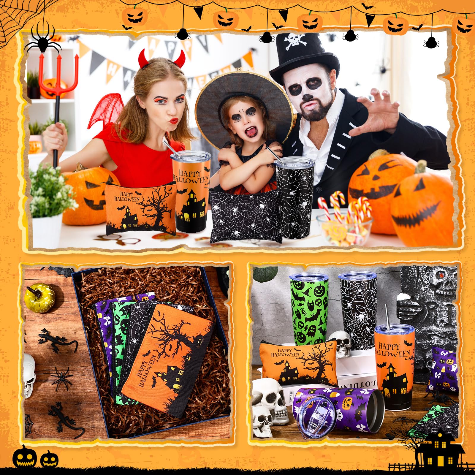 Jingmore 8 Pcs Halloween Themed Gifts For Women Include 4 Halloween Tumbler with Lid and Straw and 4 Ghost Pumpkin Cosmetic Bags,Halloween Coffee Mug Cup with Makeup Bag for Trick or Treat Party Gifts