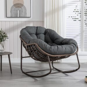 turridu rattan outdoor rocking chair, wicker patio egg rocking chair with detachable cushion, indoor papasan chair for living room, garden, patio, gray