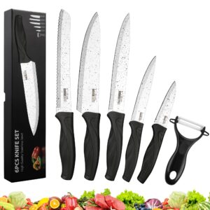 tieplis 6pcs kitchen knife set, stainless steel sharp blade with nonstick ceramic coating, cooking cutting knives set, ink splatter dot pattern, pp anti-slip handle, rust proof, dishwasher safe