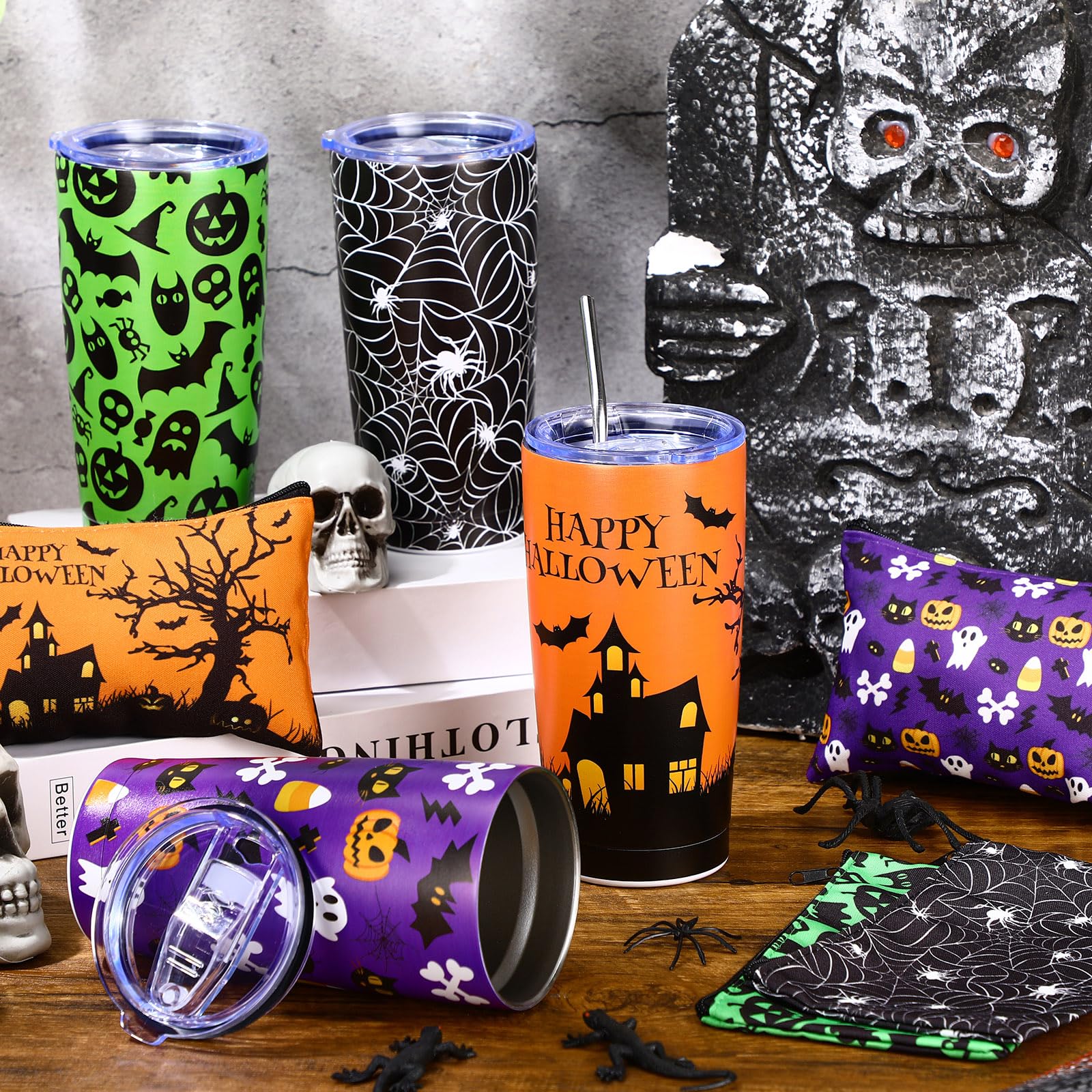 Jingmore 8 Pcs Halloween Themed Gifts For Women Include 4 Halloween Tumbler with Lid and Straw and 4 Ghost Pumpkin Cosmetic Bags,Halloween Coffee Mug Cup with Makeup Bag for Trick or Treat Party Gifts