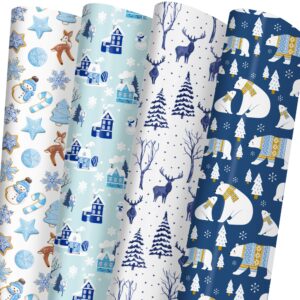 riukraiu blue christmas wrapping paper for kids adults - winter forest & reindeer, polar bears, country houses, holiday cookies designs - xmas gift wrap with 6 jumbo sheets, 40 x 28 inches each