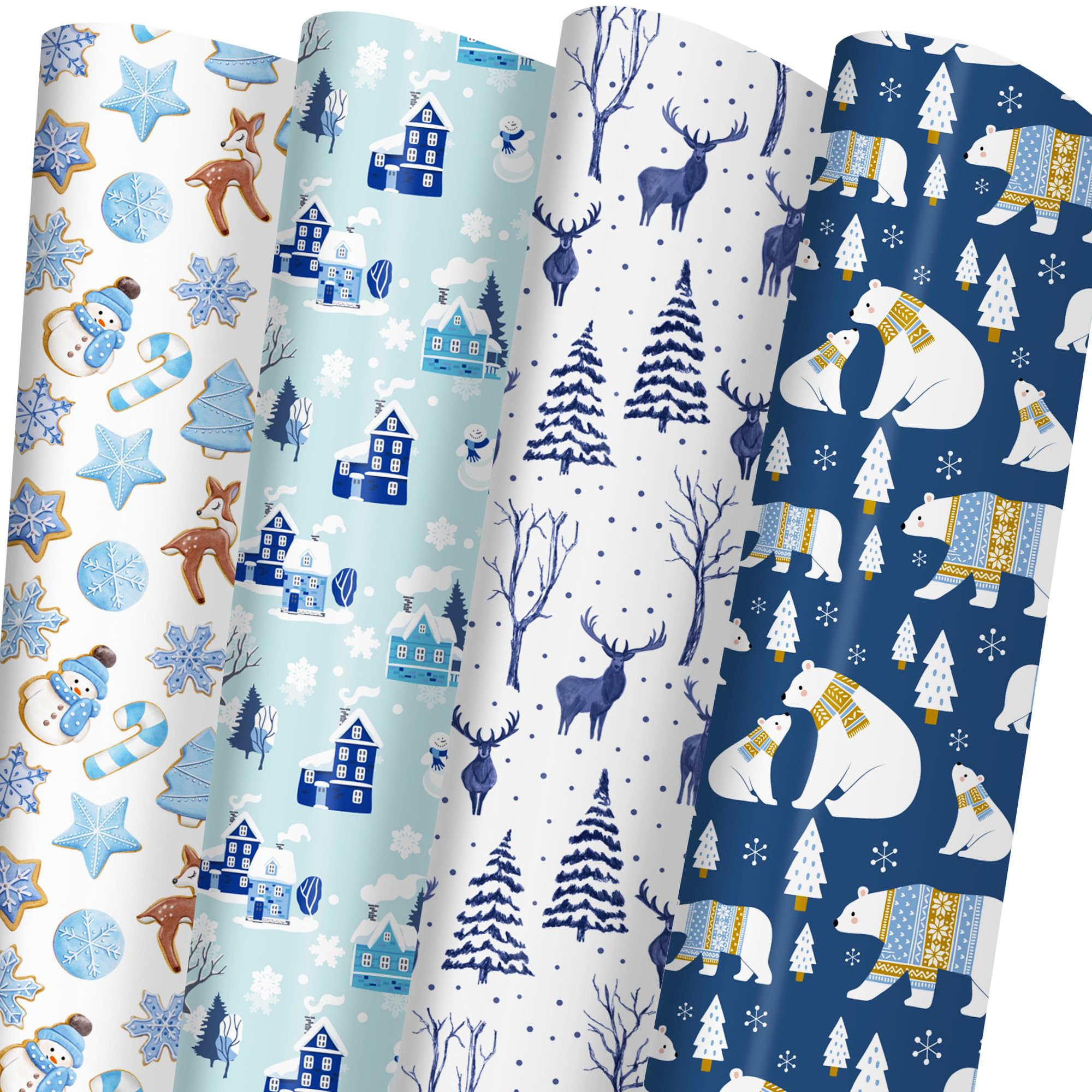 RiukRaiu Blue Christmas Wrapping Paper for Kids Adults - Winter Forest & Reindeer, Polar Bears, Country Houses, Holiday Cookies Designs - Xmas Gift Wrap with 6 Jumbo Sheets, 40 x 28 Inches Each