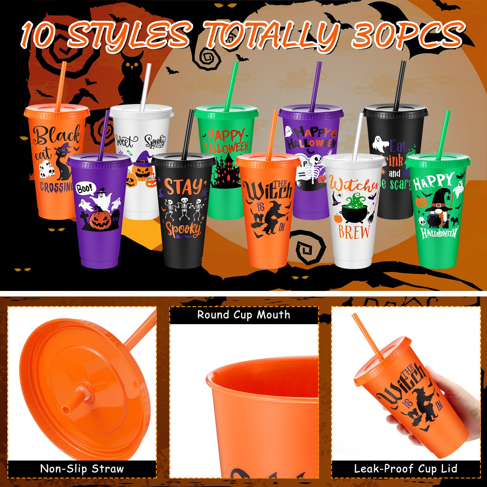 Chuangdi 30 Pack Halloween Plastic Tumbler with Lids and Straws 24 Oz Reusable Halloween Plastic Cups Spooky Halloween Party Cups Bulk for Kids Adults Halloween Party Birthday Supplies(Pumpkin)