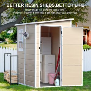 Outdoor Storage Shed 5x4 FT, Resin Outside Sheds Storage with Floor, Window & Lockable Door Included, Tiny Tool House for Garden Backyard Patio Lawn Garage, Small Wood Like Plastic Shed Kit for Bike