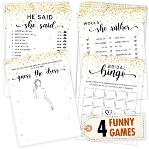 stofinity fun bridal shower games for 25 guests - set of 4 wedding shower games for reception, gold bridal shower bingo game, he said she said wedding games ideas for bridal party decorations (5x7)