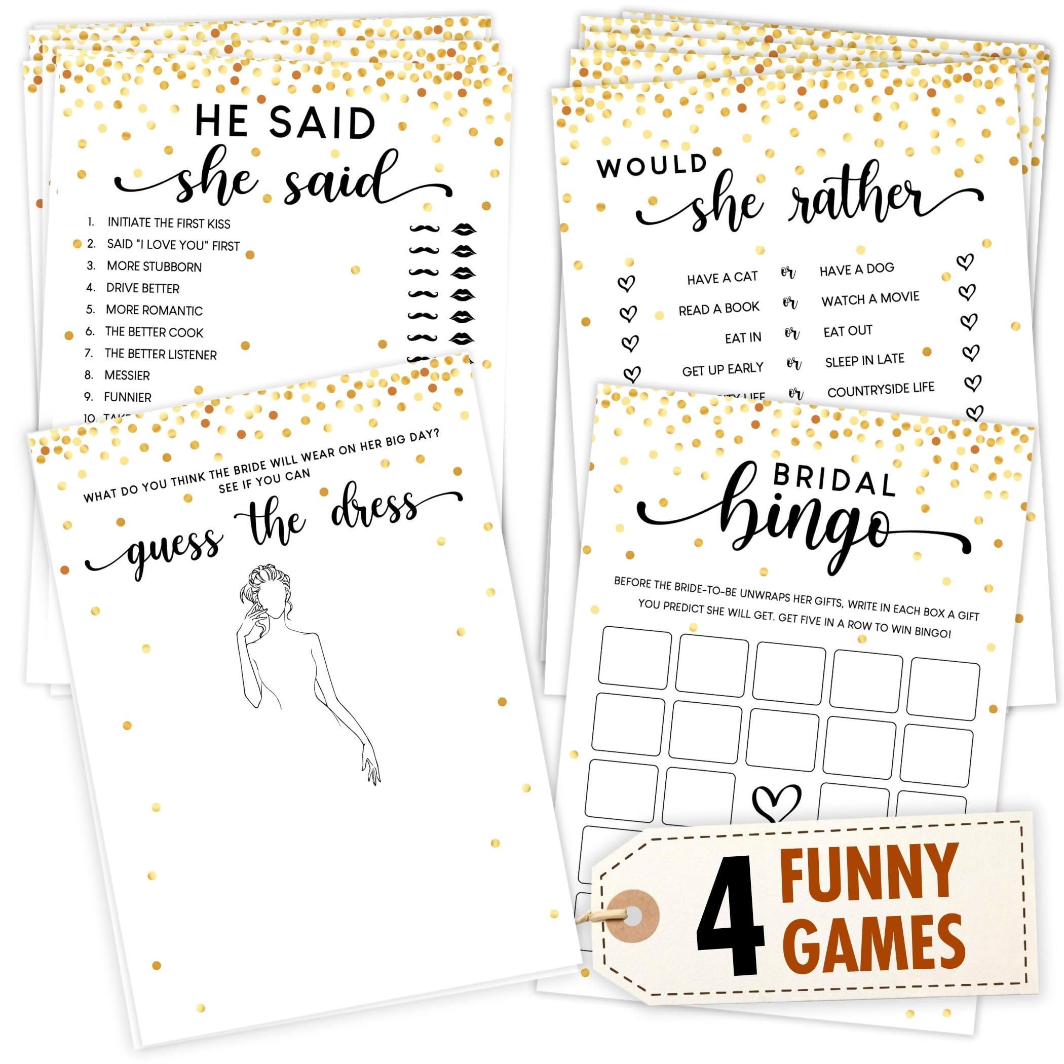 STOFINITY Fun Bridal Shower Games for 25 Guests - Set of 4 Wedding Shower Games for Reception, Gold Bridal Shower Bingo Game, He Said She Said Wedding Games Ideas for Bridal Party Decorations (5x7)