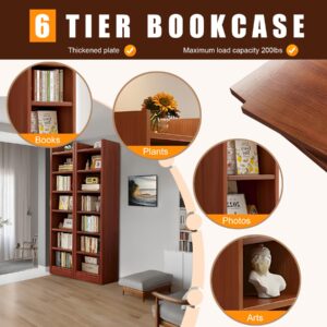 6-Tier Open Shelf Bookcase, 71'' Brown Corner Bookcase with Storage,Open Display Cabinet with Back Panel, Tall Narrow Bookcase for Home Office Classroom