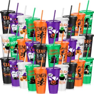 chuangdi 30 pack halloween plastic tumbler with lids and straws 24 oz reusable halloween plastic cups spooky halloween party cups bulk for kids adults halloween party birthday supplies(pumpkin)