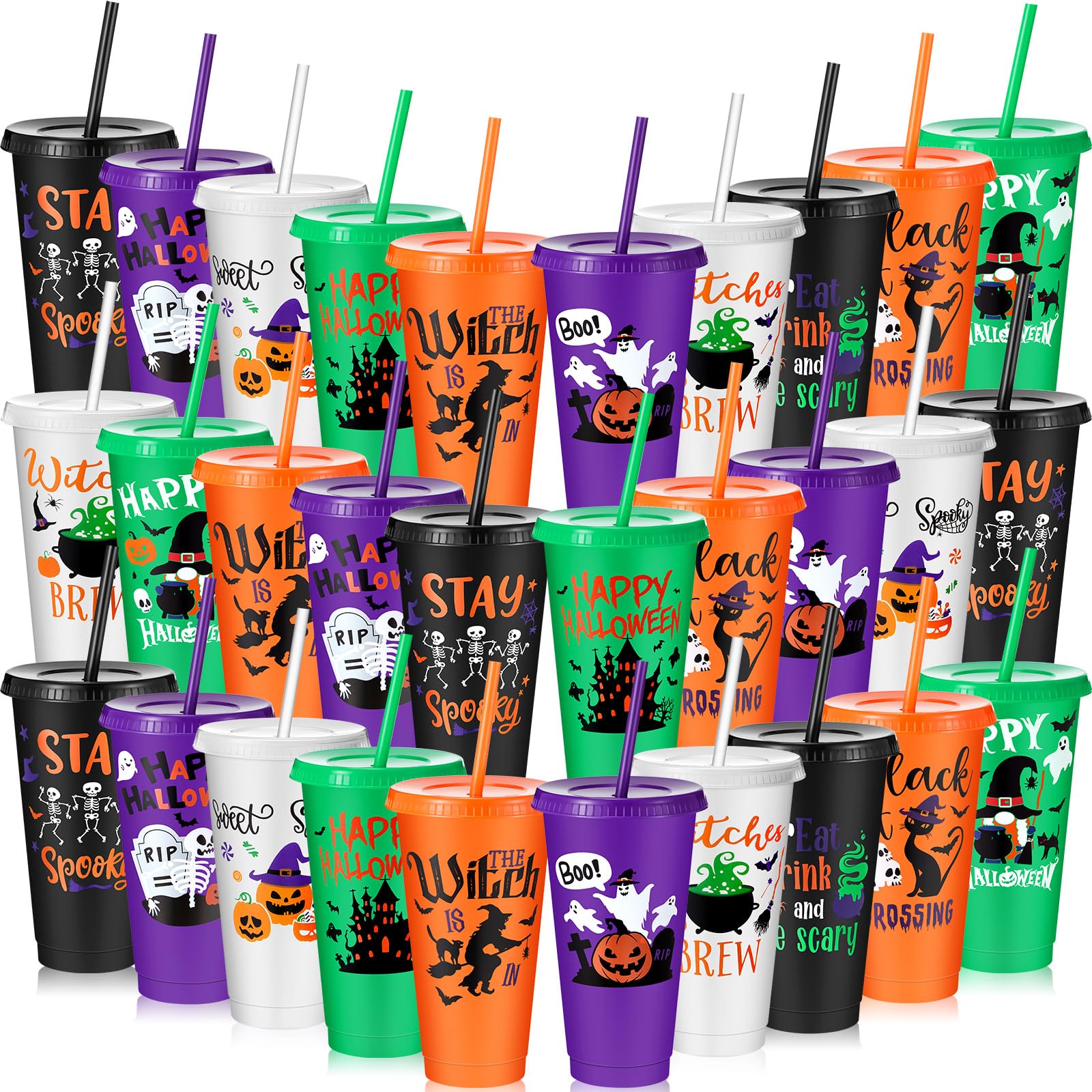 Chuangdi 30 Pack Halloween Plastic Tumbler with Lids and Straws 24 Oz Reusable Halloween Plastic Cups Spooky Halloween Party Cups Bulk for Kids Adults Halloween Party Birthday Supplies(Pumpkin)