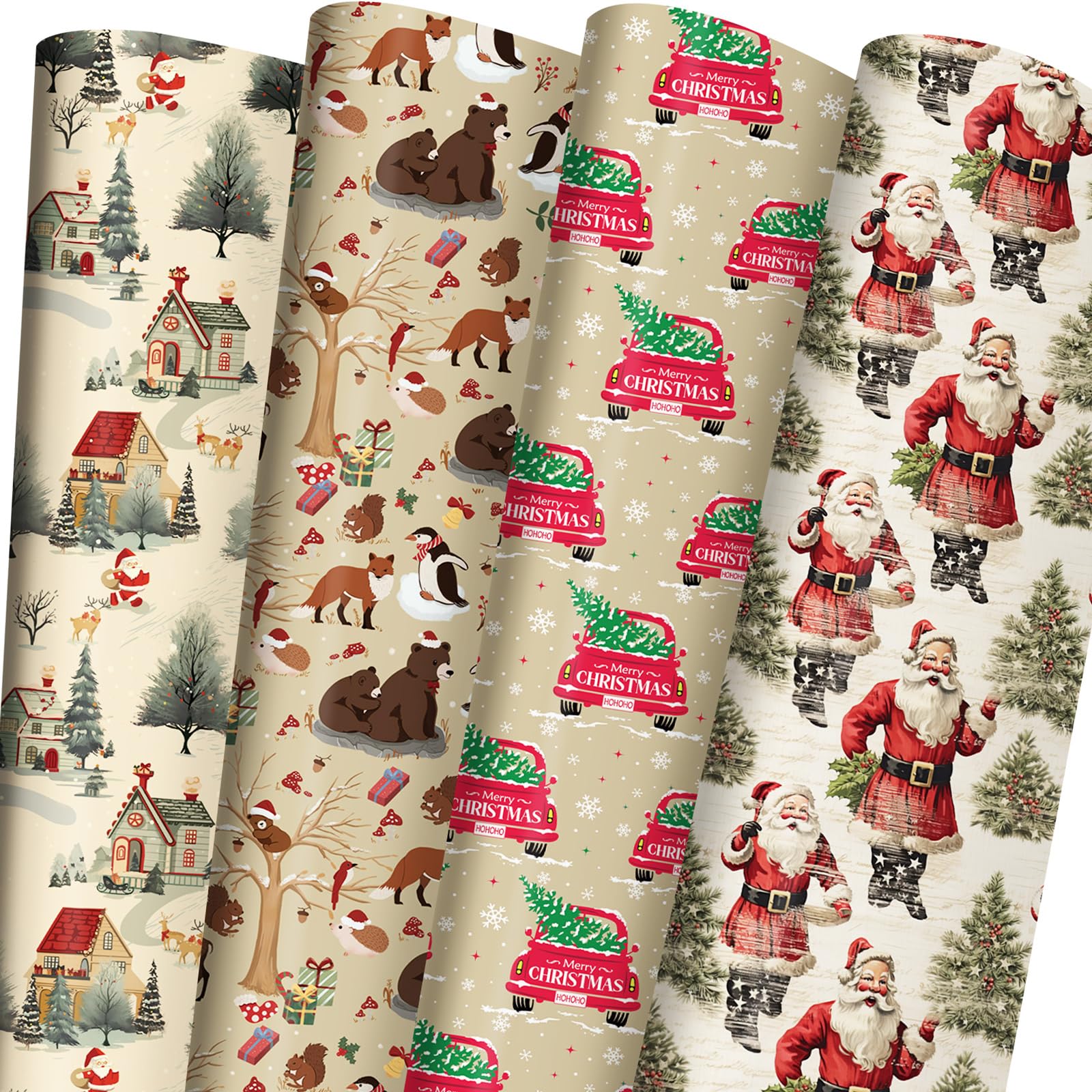 ZINTBIAL Vintage Christmas Wrapping Paper for Kids Adults - Xmas Wrapping Paper with Retro Santa, Red Truck, Woodland Animals, Country Scene Designs - 28 x 40 Inches, 6 Jumbo Sheets - Easy to Store