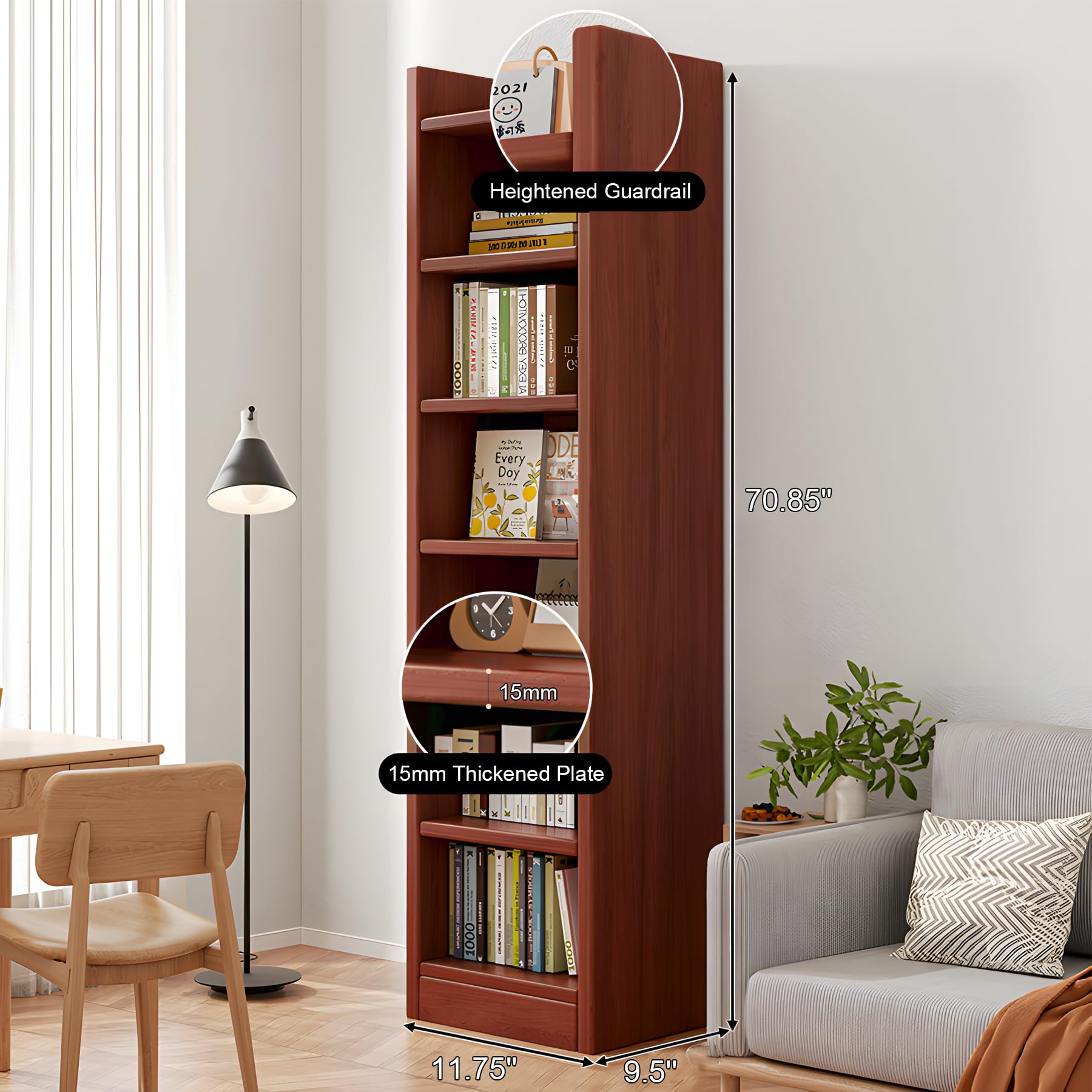 6-Tier Open Shelf Bookcase, 71'' Brown Corner Bookcase with Storage,Open Display Cabinet with Back Panel, Tall Narrow Bookcase for Home Office Classroom