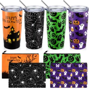 jingmore 8 pcs halloween themed gifts for women include 4 halloween tumbler with lid and straw and 4 ghost pumpkin cosmetic bags,halloween coffee mug cup with makeup bag for trick or treat party gifts