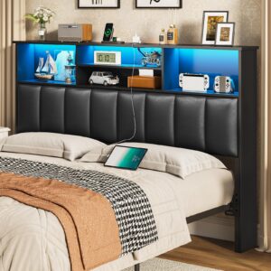 msmask queen size headboard only, upholstered queen size bookcase headboard with charging station and led lights, modern led queen bed headboard with storage, bed frame adpater, black