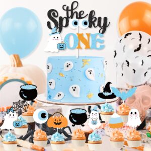 Blue Halloween First Birthday Decor, Boys Halloween Spooky One Banner Blue Cute Ghost Cake Topper Balloons for Halloween Theme 1st Birthday Party The Spooky One Little Boo Happy Boo Day Party Supplies