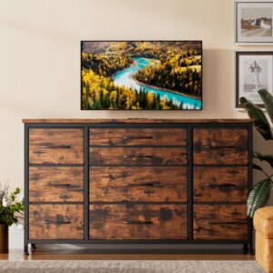 takywep 10 drawer dresser for bedroom with wooden top, rustic brown tv stand dresser with power outlet for 55", bedroom dressers with drawers, fabric drawer dresser for bedroom, big storage…