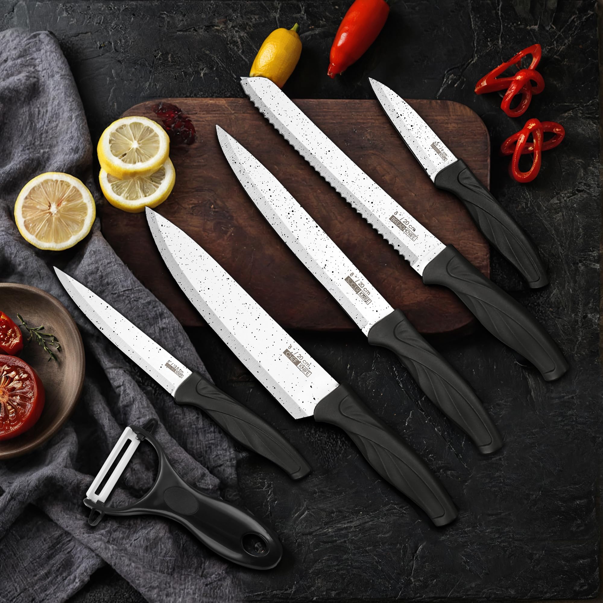 Tieplis 6PCS Kitchen Knife Set, Stainless Steel Sharp Blade with Nonstick Ceramic Coating, Cooking Cutting Knives Set, Ink Splatter Dot Pattern, PP Anti-Slip Handle, Rust Proof, Dishwasher Safe