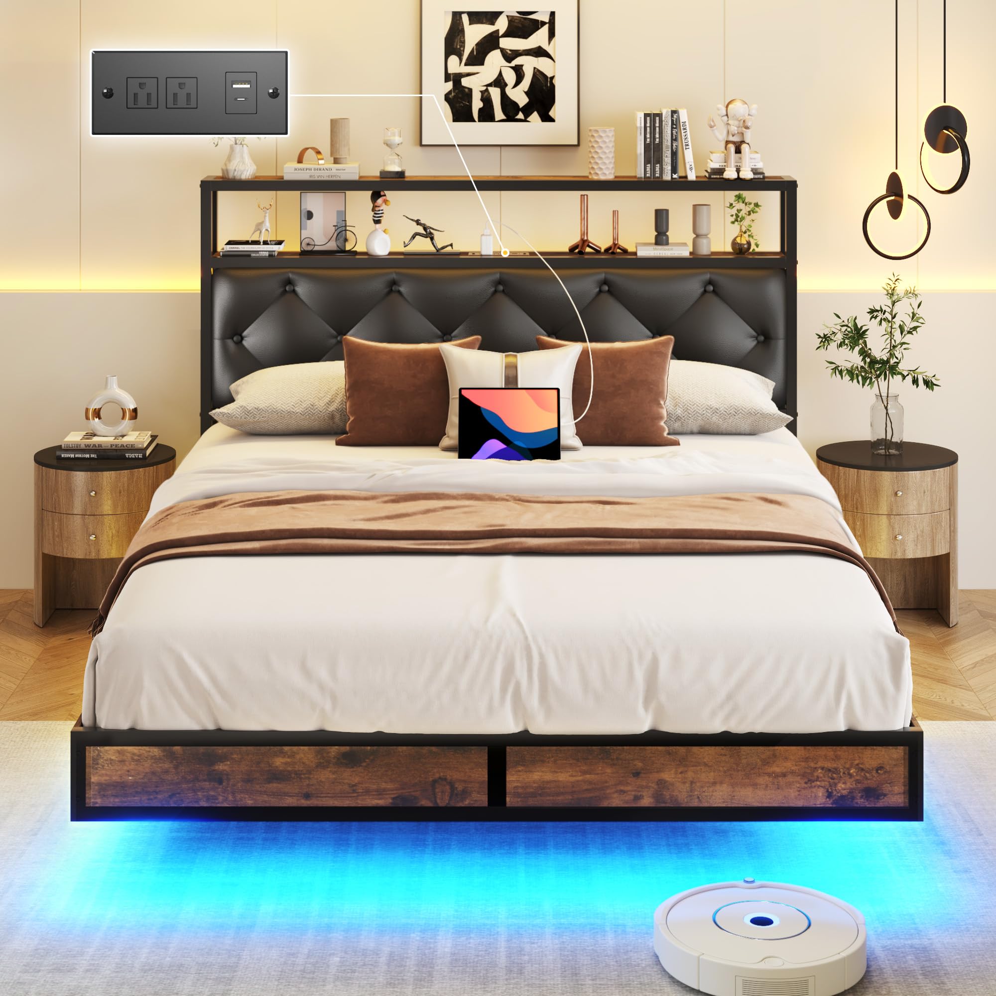 HISOFT Floating Full Bed Frame with 2-Tier Storage Headboard, Metal Full Bed Frame with Charging Station & LED, Faux Leather, No Box Spring Needed, Noise Free, Easy to Assemble, Black Diamond