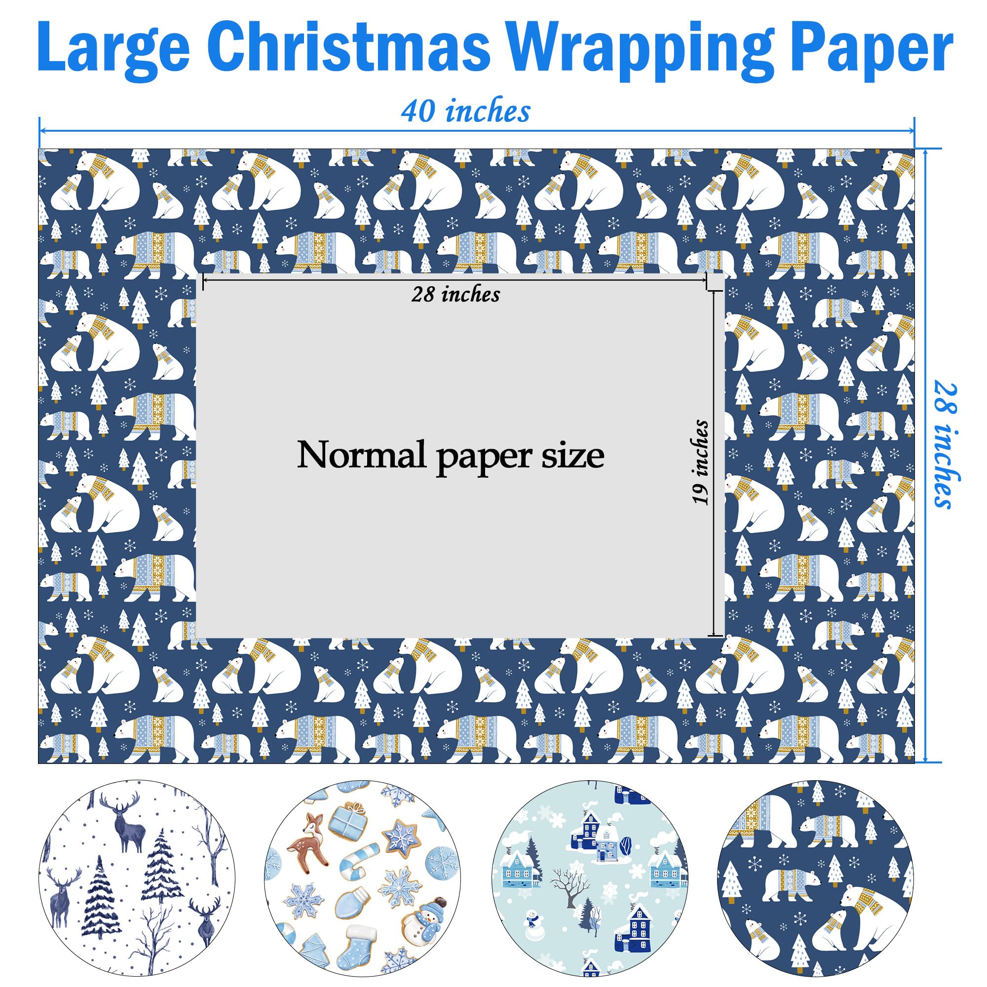 RiukRaiu Blue Christmas Wrapping Paper for Kids Adults - Winter Forest & Reindeer, Polar Bears, Country Houses, Holiday Cookies Designs - Xmas Gift Wrap with 6 Jumbo Sheets, 40 x 28 Inches Each