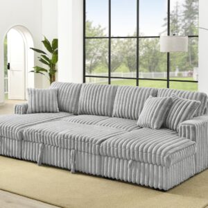 Olodumare 122’’ Oversized Sleeper Sectional Sofa with Pull Out Bed for Living Room, U-Shaped Convertible Couch with Double Chaise Storage for Small Space, Plush Comfy Corduroy Fabric Furniture, Grey