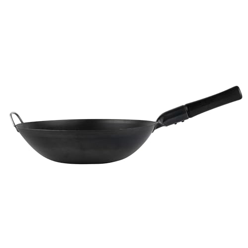 Restaurantware-Motomori 14 Inch Pre-Seasoned Carbon Steel Wok, 1 Traditional Japanese Wok - Flat Bottom, Wooden Handle, Black Carbon Steel Traditional Stir Fry Pan, With Helper Handle