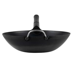 Restaurantware-Motomori 14 Inch Pre-Seasoned Carbon Steel Wok, 1 Traditional Japanese Wok - Flat Bottom, Wooden Handle, Black Carbon Steel Traditional Stir Fry Pan, With Helper Handle