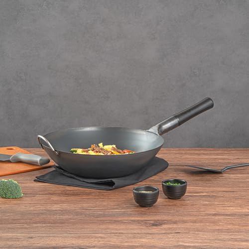 Restaurantware-Motomori 14 Inch Pre-Seasoned Carbon Steel Wok, 1 Traditional Japanese Wok - Flat Bottom, Wooden Handle, Black Carbon Steel Traditional Stir Fry Pan, With Helper Handle