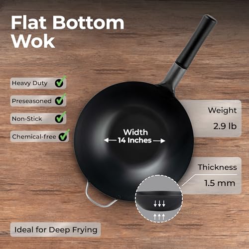 Restaurantware-Motomori 14 Inch Pre-Seasoned Carbon Steel Wok, 1 Traditional Japanese Wok - Flat Bottom, Wooden Handle, Black Carbon Steel Traditional Stir Fry Pan, With Helper Handle