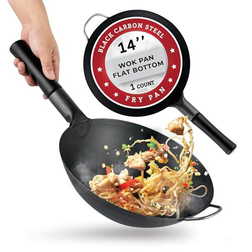 Restaurantware-Motomori 14 Inch Pre-Seasoned Carbon Steel Wok, 1 Traditional Japanese Wok - Flat Bottom, Wooden Handle, Black Carbon Steel Traditional Stir Fry Pan, With Helper Handle