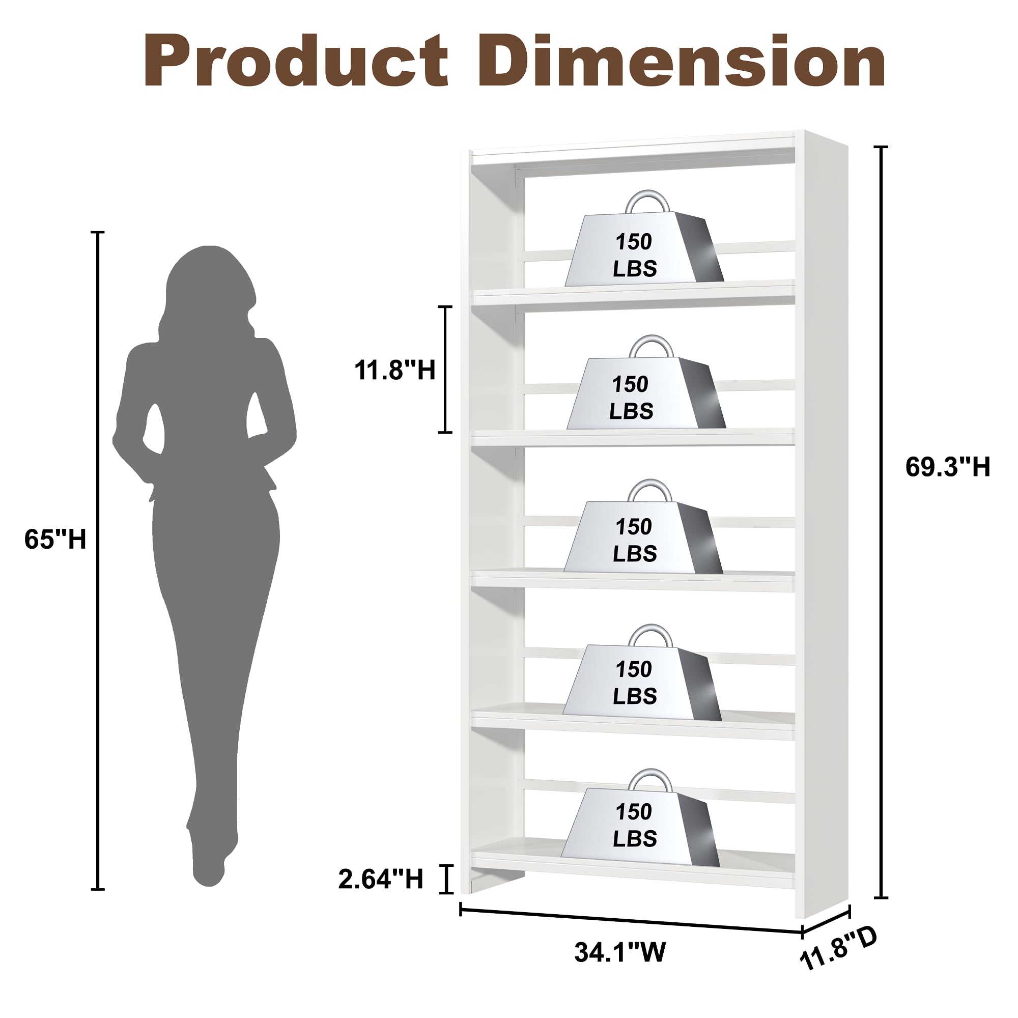 DUTYSEST 5 Tiers Metal White Bookshelf - 69.3" Tall Bookcase, Display Storage Shelves with Bookend, Heavy Duty Steel Bookshelves for Living Room, Office, Bedroom, Library