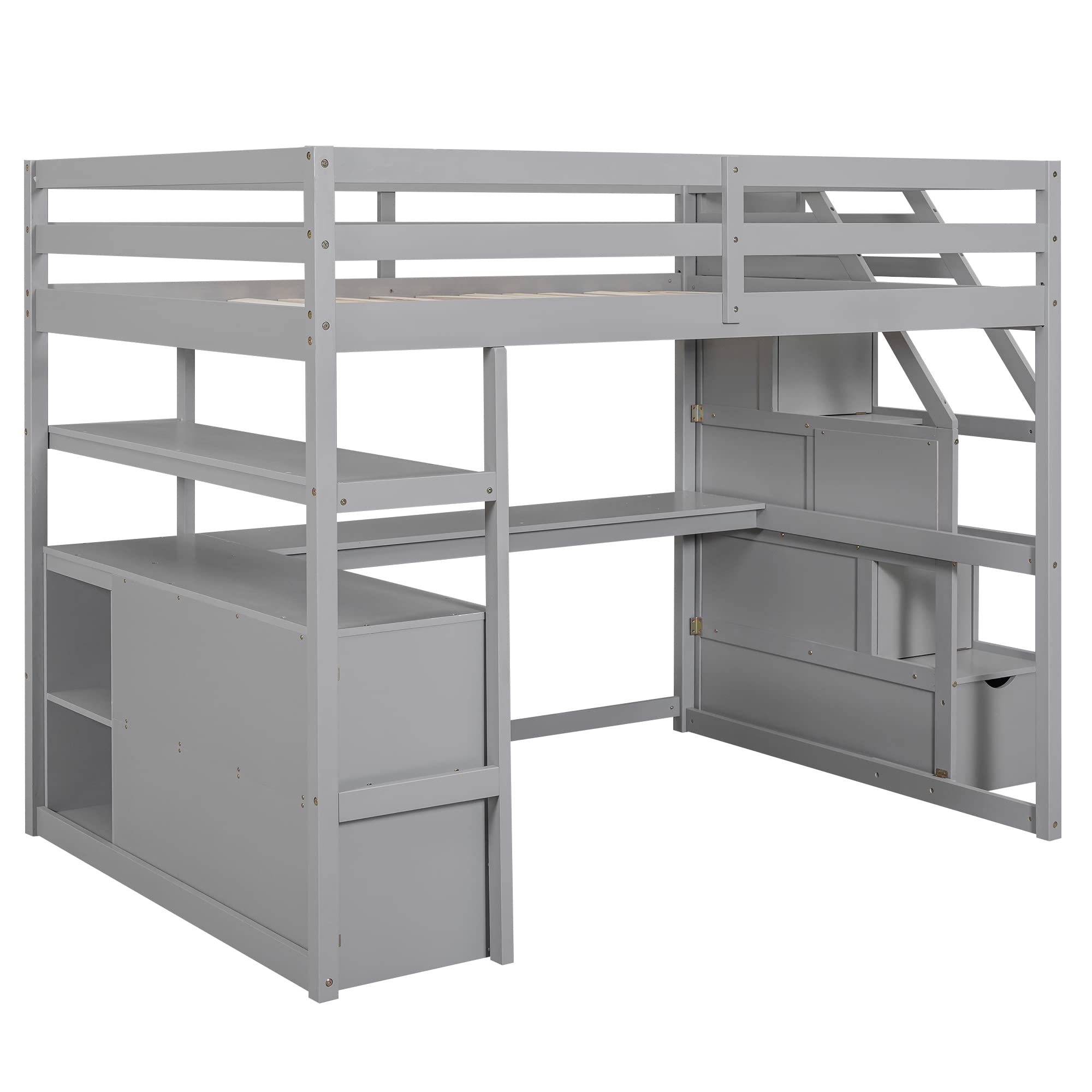 Harper & Bright Designs Gray Full Loft Bed with Staircase and Desk, Wooden Full Size Loft Bed with Storage Shelves & 2 Drawers, Full Loft Bed Frame with Step for Kids Boys Girls Teens