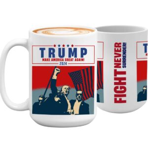 leisac donald trump 2024, trump assassination attempt coffee mug 15oz, fight never surrender, make america great 2024 campaign president election vote funny ceramic gift cup for trump supporter