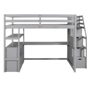 Harper & Bright Designs Gray Full Loft Bed with Staircase and Desk, Wooden Full Size Loft Bed with Storage Shelves & 2 Drawers, Full Loft Bed Frame with Step for Kids Boys Girls Teens