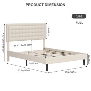 Keyluv Full Size Bed Frame with Button Tufted Headboard, Modern Fabric Upholstered Platform Bed Frame, Strong Wooden Slats Support, No Box Spring Needed, Beige