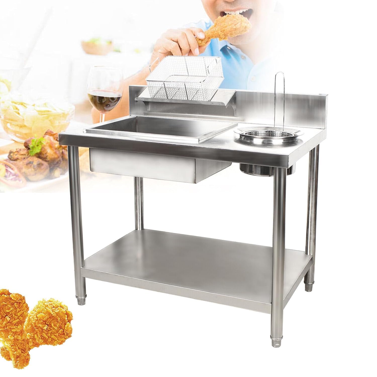 Fried Chicken Breading Table, Commercial Food Prep Breader Station Stainless Steel Fried Food Prep Breading Station with Stainless Steel Containers and Baskets Perfect for Kitchen Restaurant Business