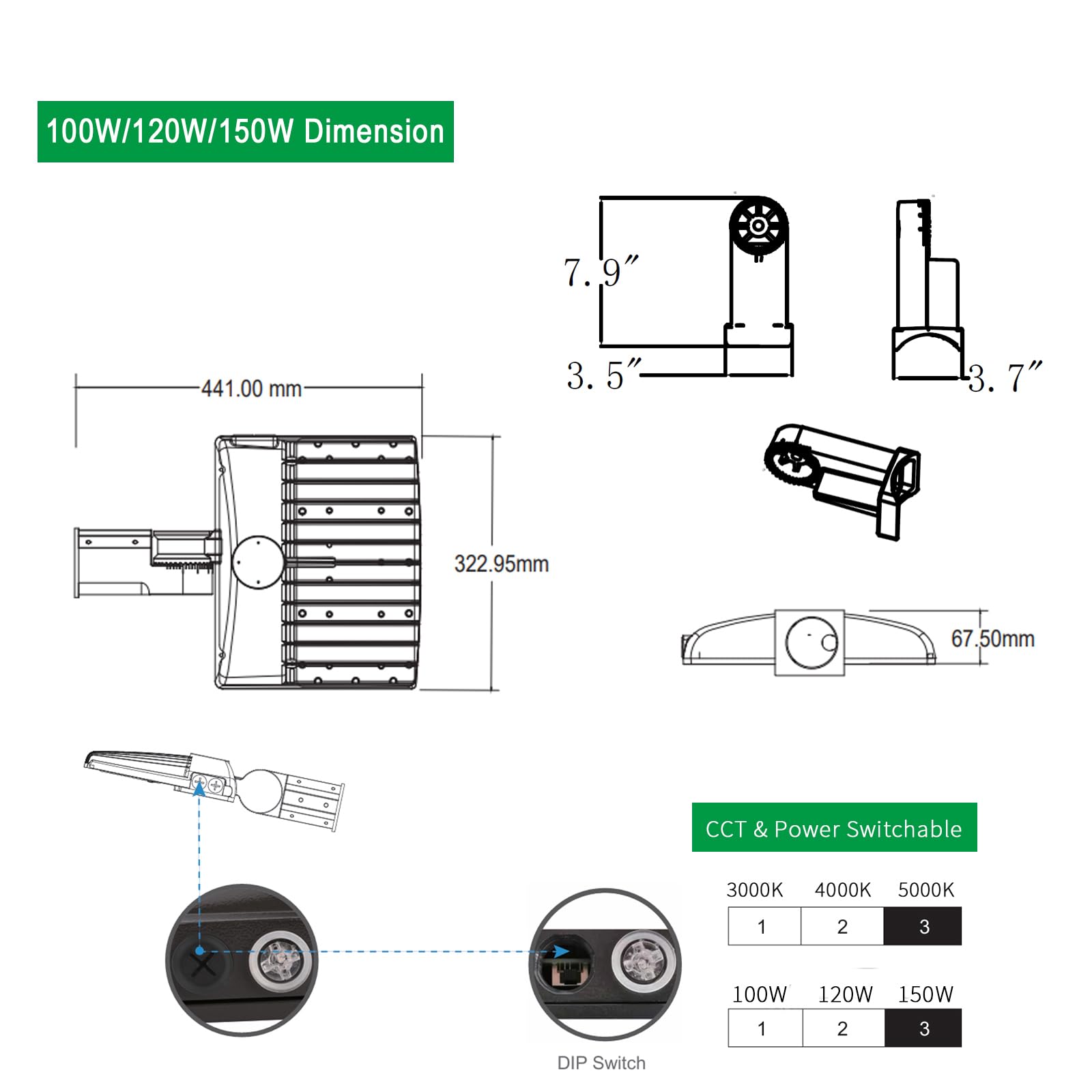 HYPAILUSLED 100W 120W 150W Power Switchable LED Parking Lot Light 3000K 4000K 5000K CCT Selectable Outdoor Commercial Street Area Lighting Fixtures Type 3 Bronze 100-277V (DM2 Bracket for Round Pole)