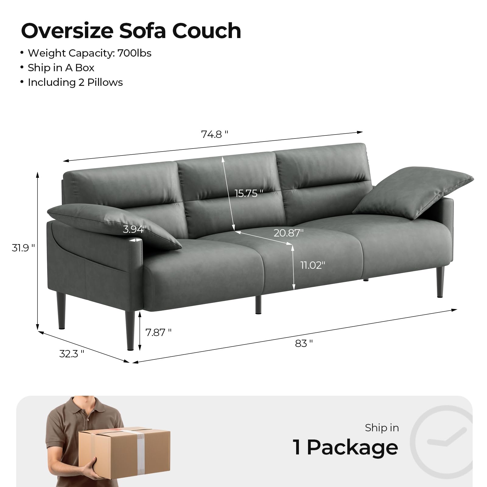 Fadware Faux Leather Sofa Couch, Modern 83 Inch 3 Seater Couches with Deep Seats and 2 Pillows for Living Room, Apartment, Office, Bedroom, Grey