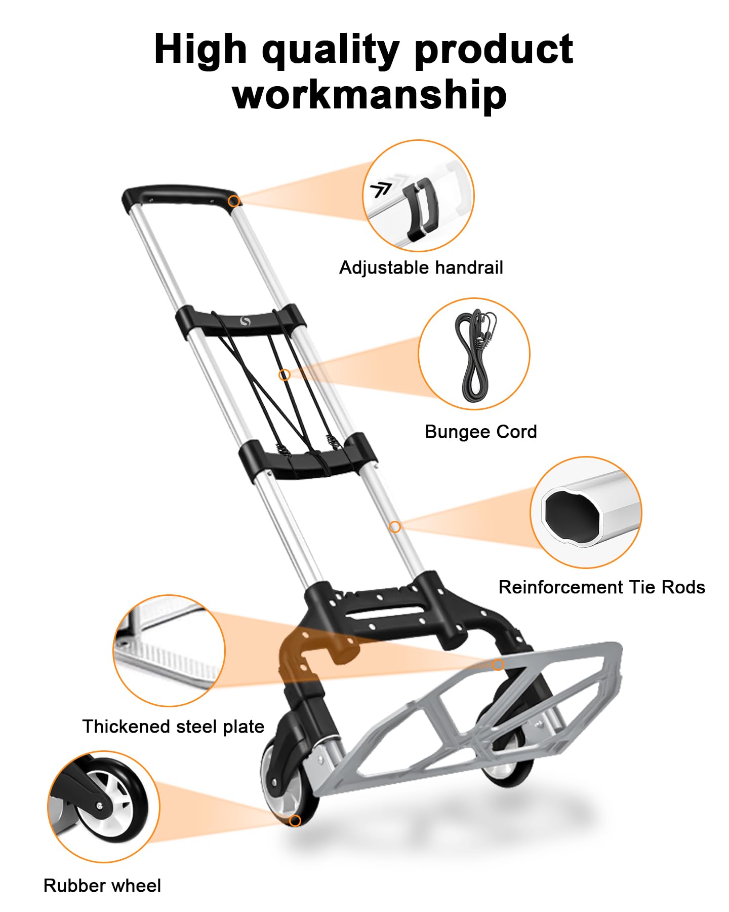 Folding Hand Truck, Dolly Cart with Wheels Foldable, Lightweight Aluminum Luggage Cart Portable Collapsible Trolly for Utility Cart, Hand Trucks for Moving Travel Shopping Airport Office