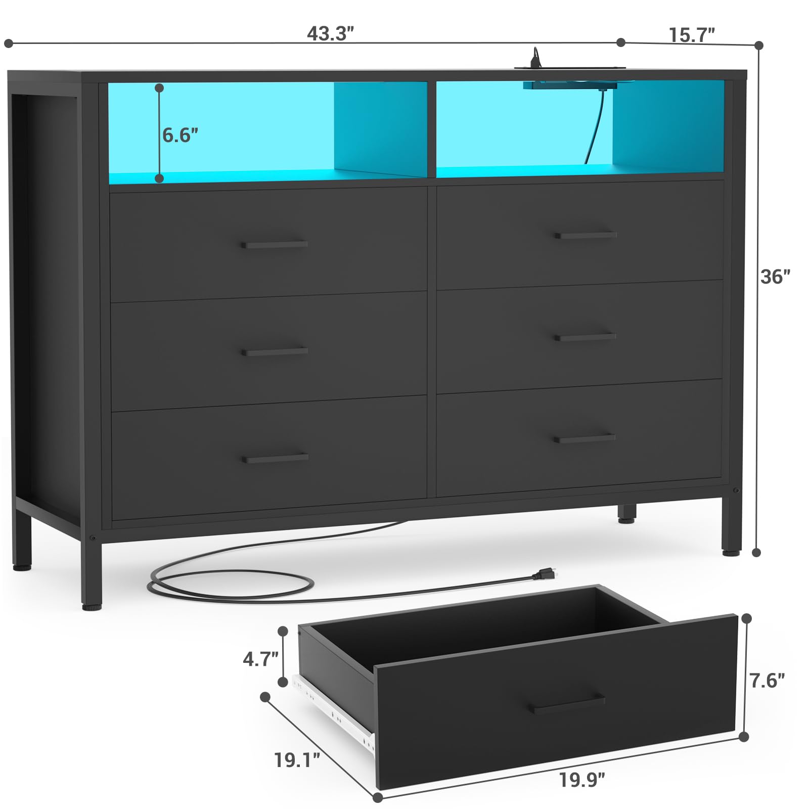 Hyomdeck Black Dresser for Bedroom, 6 Drawer Dresser with LED Lights and Power Outlet, Wood Dresser, Tall Chest of Drawer Storage Organizer, Dresser TV Stand for Living Room, Hallway, Entryway