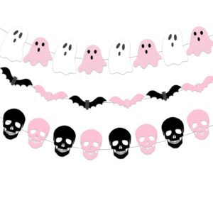 pink halloween decorations, pink and black halloween decorations includes happy halloween pink ghost garland pink bat skeleton, pastel halloween decorations for girly halloween decor