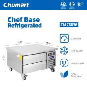 CHUMART 36" Chef Base Refrigerator, 2 Drawer Refrigerated Commercial Refrigerator, Stainless Steel Undercounter Refrigerator, Kitchen Equipment for Restaurant, Bar, Garage